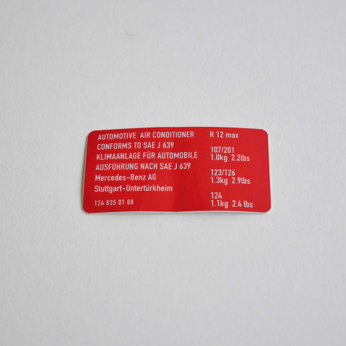 Automotive Air Conditioner Sticker Genuine Mercedes - R107 and A124 ...