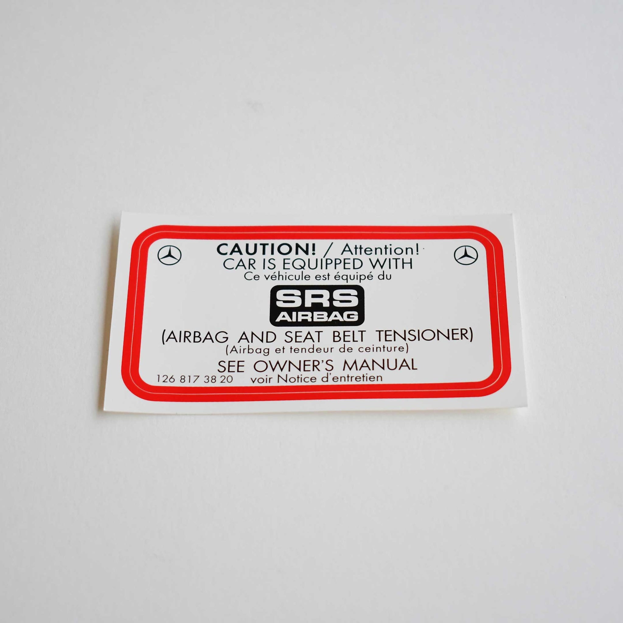 SRS Airbag and Seat Belt Tensioner Sticker Genuine Mercedes - R107 ...